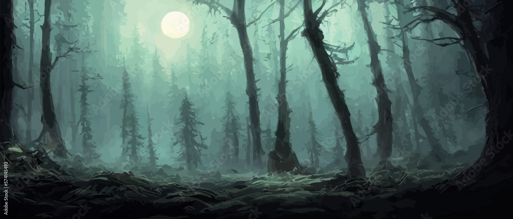 misty forest. Dark tree silhouette. Tree tricks in the blue mist. Fog in the night forest vector ...