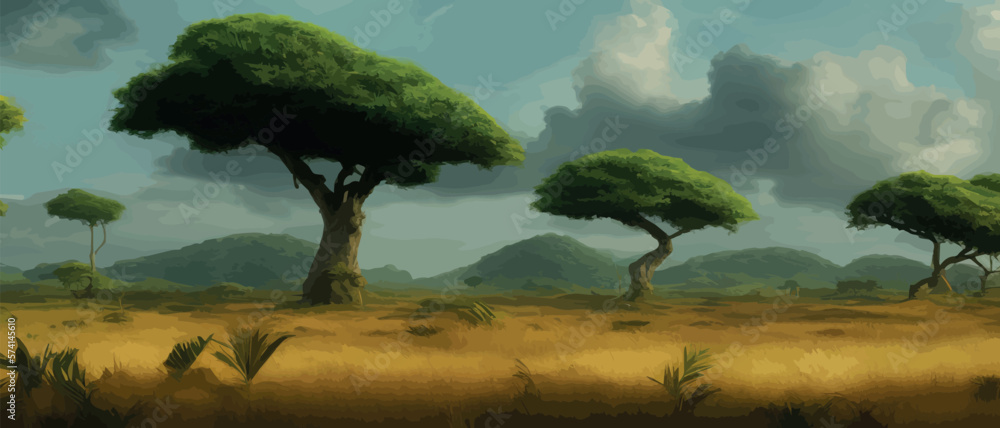 African savanna. Grass, acacia trees and river. Realistic vector ...