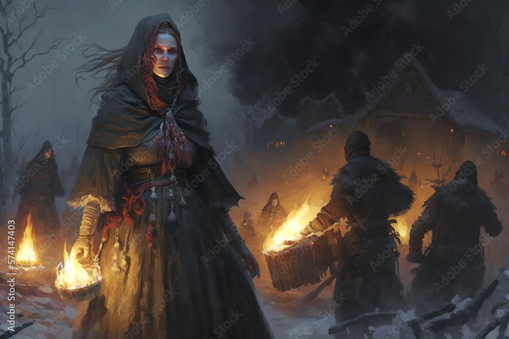 A young lady, considered a witch in medieval times, is standing in ...