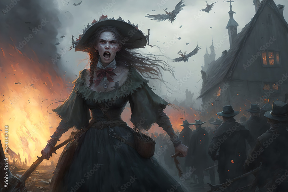 A young lady, considered a witch in medieval times, is standing in ...