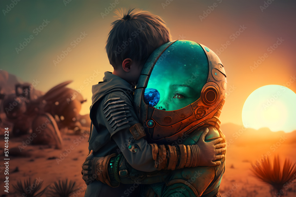 A fantasy scifi portrait of little boy hugging and saying goodbye to ...