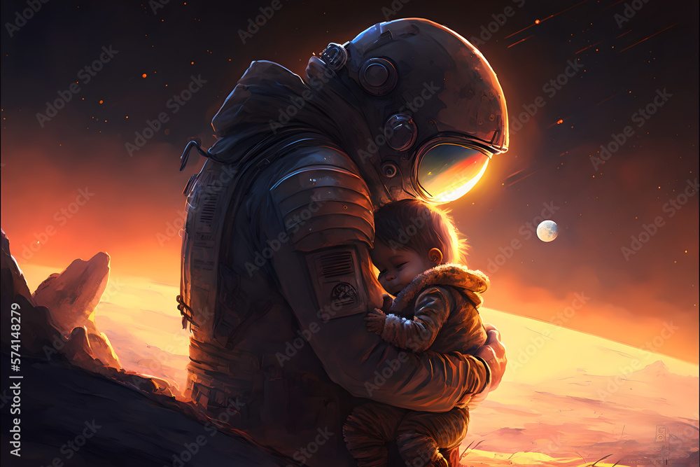 A fantasy scifi portrait of little boy hugging and saying goodbye to ...