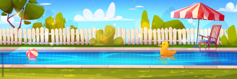 Backyard swimming pool on summer day. Vector cartoon illustration of ...