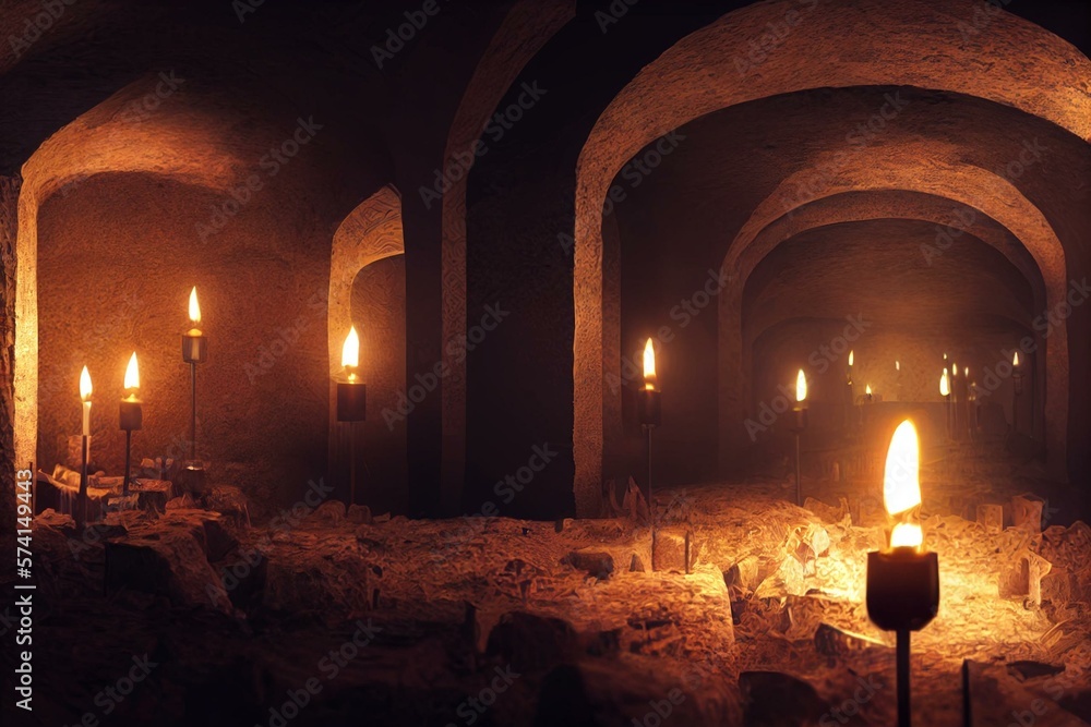Scary endless medieval catacombs with torches. Mystical nightmare. 3D ...