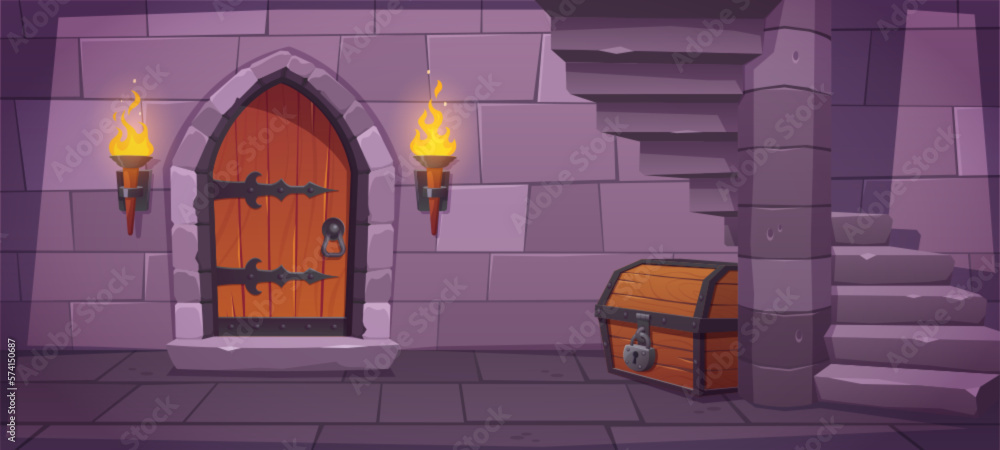 Dungeon door in medieval castle with wood chest and stairs cartoon game ...