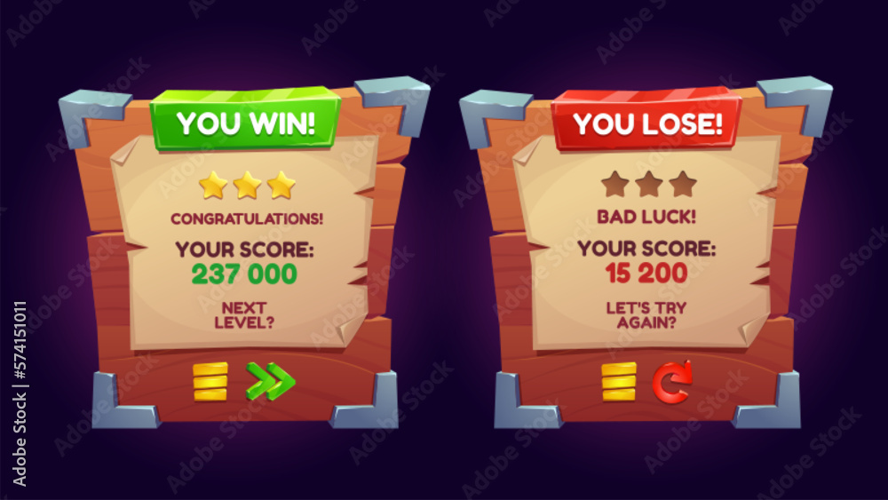 Cartoon set of win and lose game boards isolated on background. Vector illustration of wooden ...