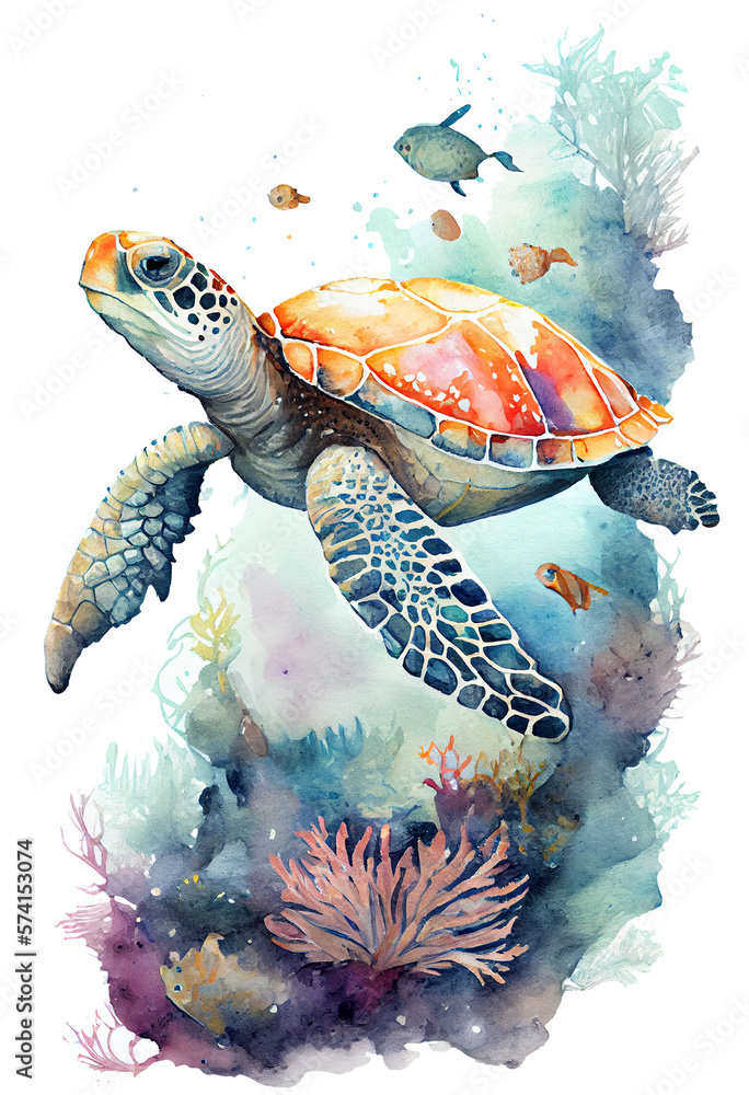 Watercolor of sea turtle, turtle swimming underwater in the ocean ...