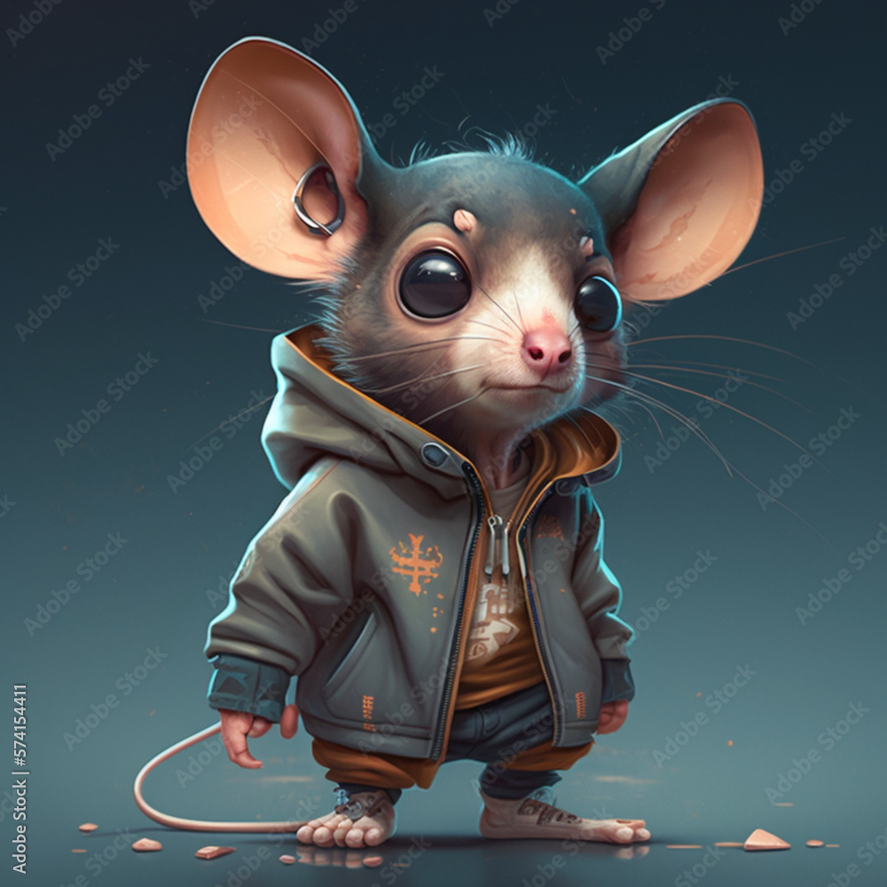 illustration of a mouse dressed in a jacket in dark gray and red ...