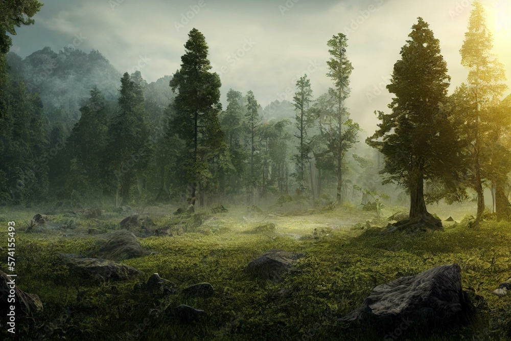 prehistoric forest Mesozoic era background render 3d. Generative AI ...