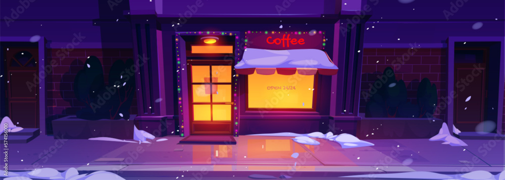Cartoon cafe exterior with Christmas decoration and winter snowfall ...