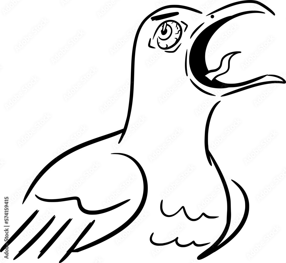 Vector drawing of a seagull with funny, silly face. Outline, silhouette ...