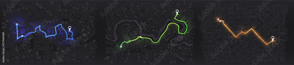 Set of maps with route distance data, path turns and destination tag or ...