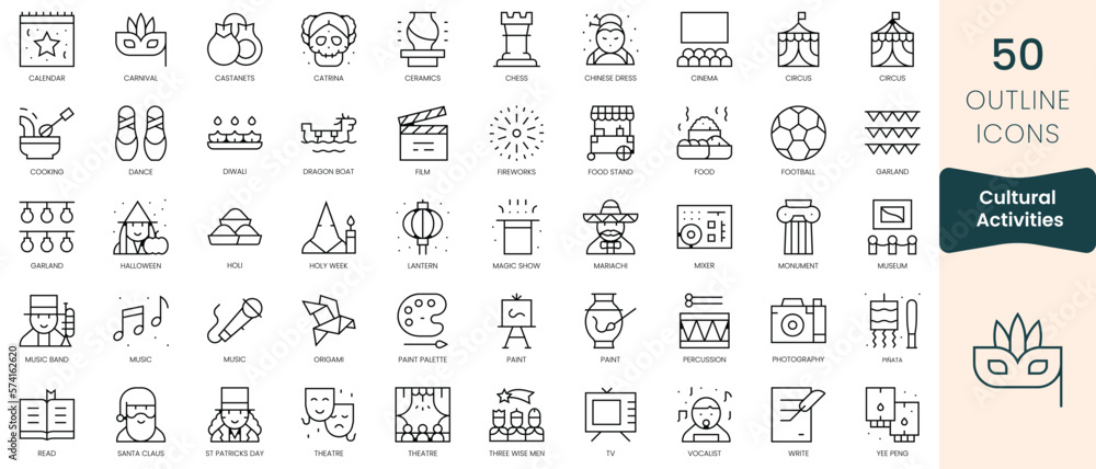 Set of cultural activities icons. Thin linear style icons Pack. Vector ...