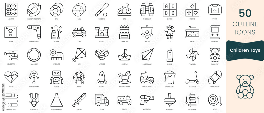 Set of children toys icons. Thin linear style icons Pack. Vector ...