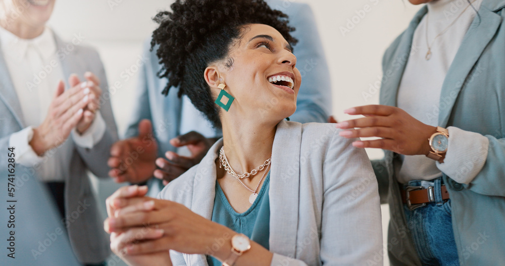 Applause, celebration and business woman with good news, achievement or ...