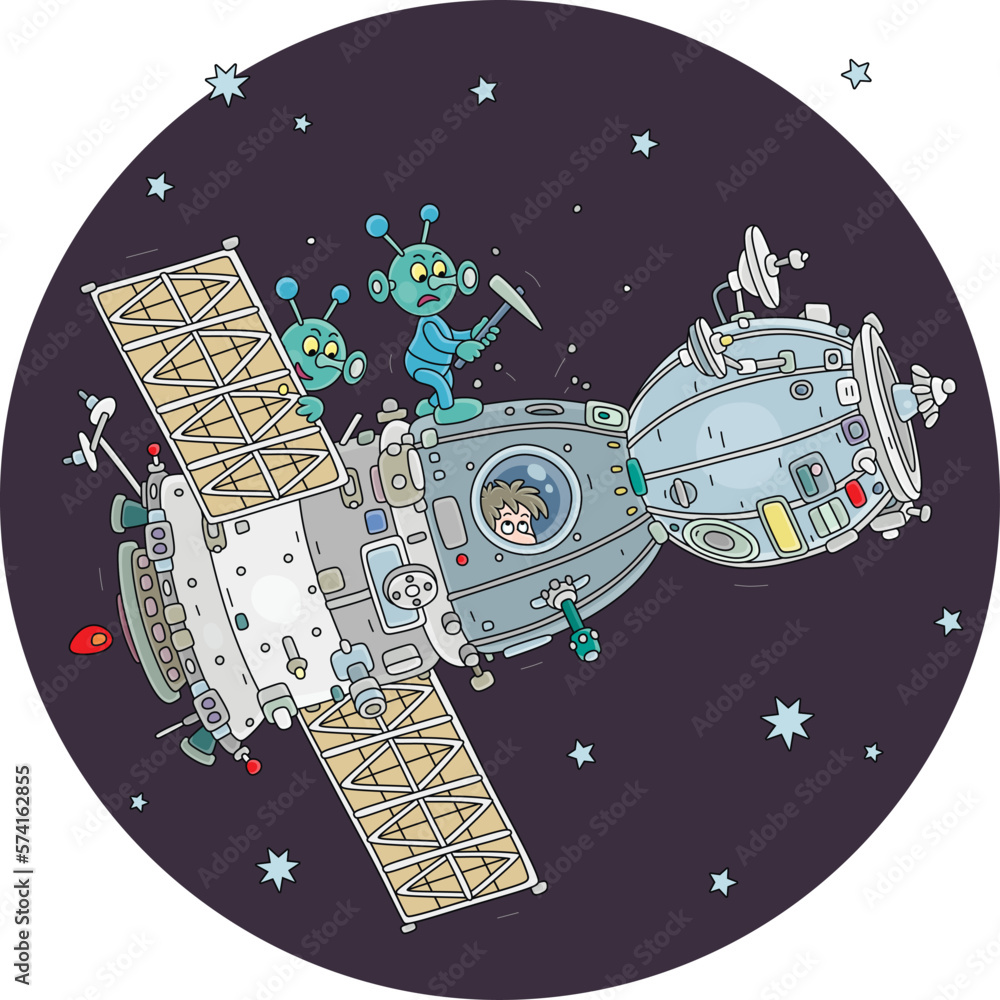 Funny aliens with a hammer breaking equipment and punching a hole in a ...