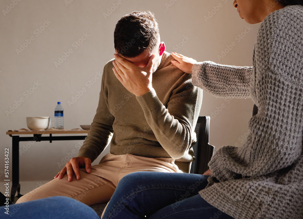 Therapy, support and crying man with empathy, psychology help and ...