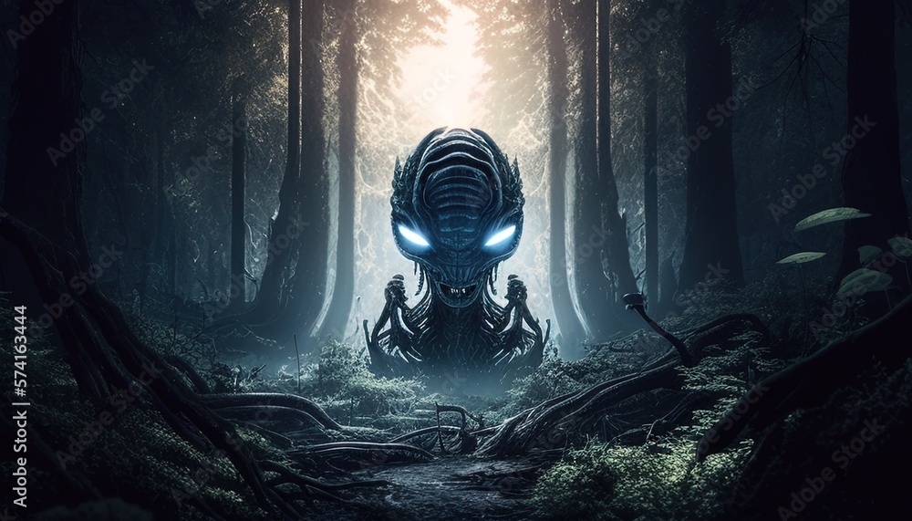 Alien exploring mystical forest, encountering strange flora and fauna ...