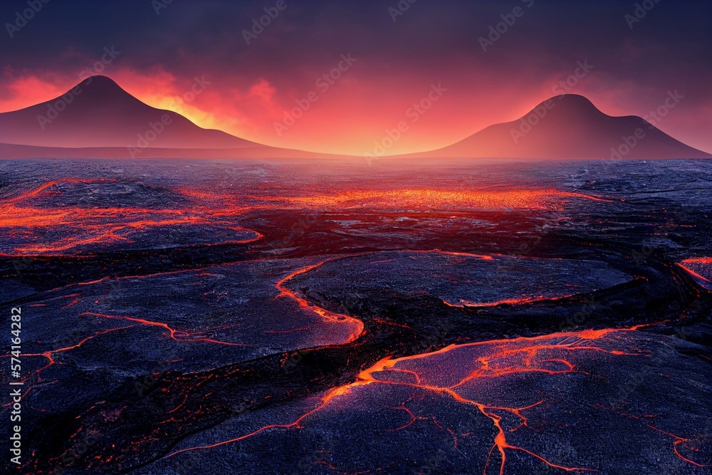 Sun rays shining behind a mountain. Lava river. Lake of lava crossing a ...