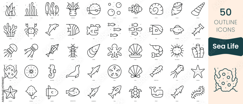 Set of sea life icons. Thin linear style icons Pack. Vector ...