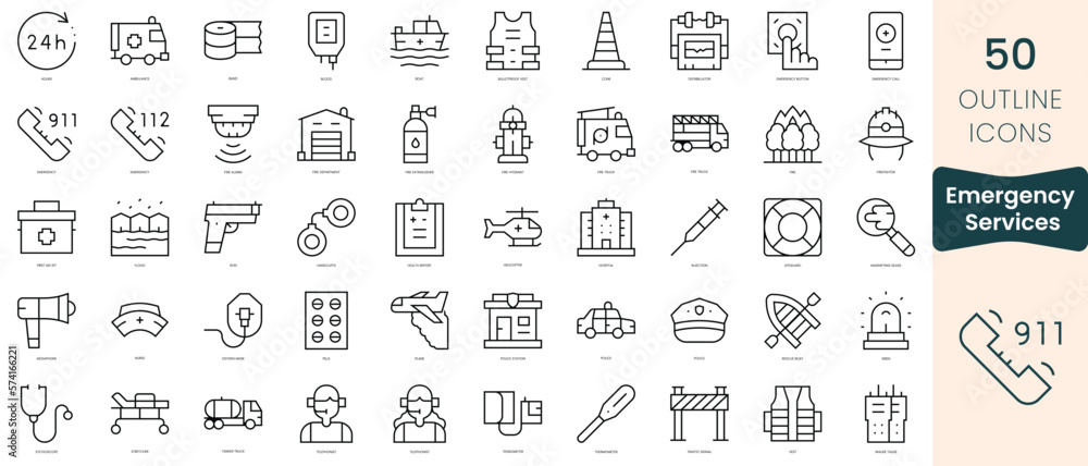 Set of emergency services icons. Thin linear style icons Pack. Vector ...