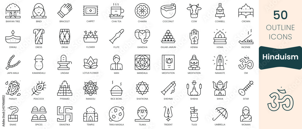 Set of hinduism icons. Thin linear style icons Pack. Vector ...