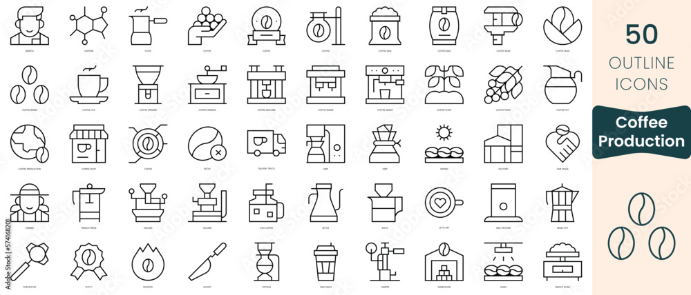 Set of coffee production icons. Thin linear style icons Pack. Vector ...