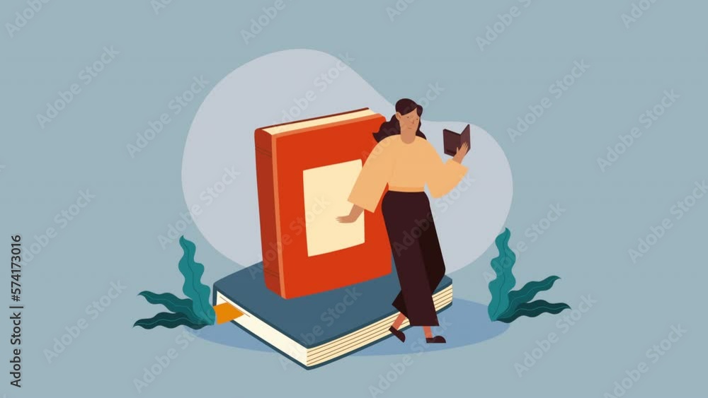 text books library with woman reading animation Stock Video | Adobe Stock