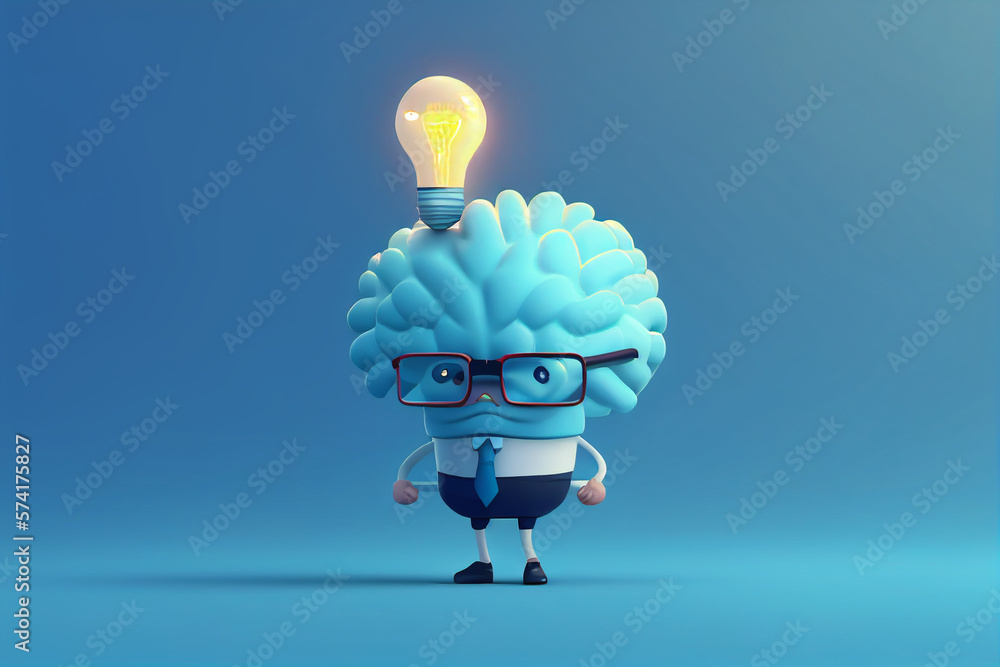 3d cartoon character cute brain with light bulb idea concept on blue ...