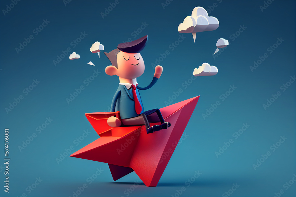 3d cartoon character cute smiling businessman sit on Paper plane are ...