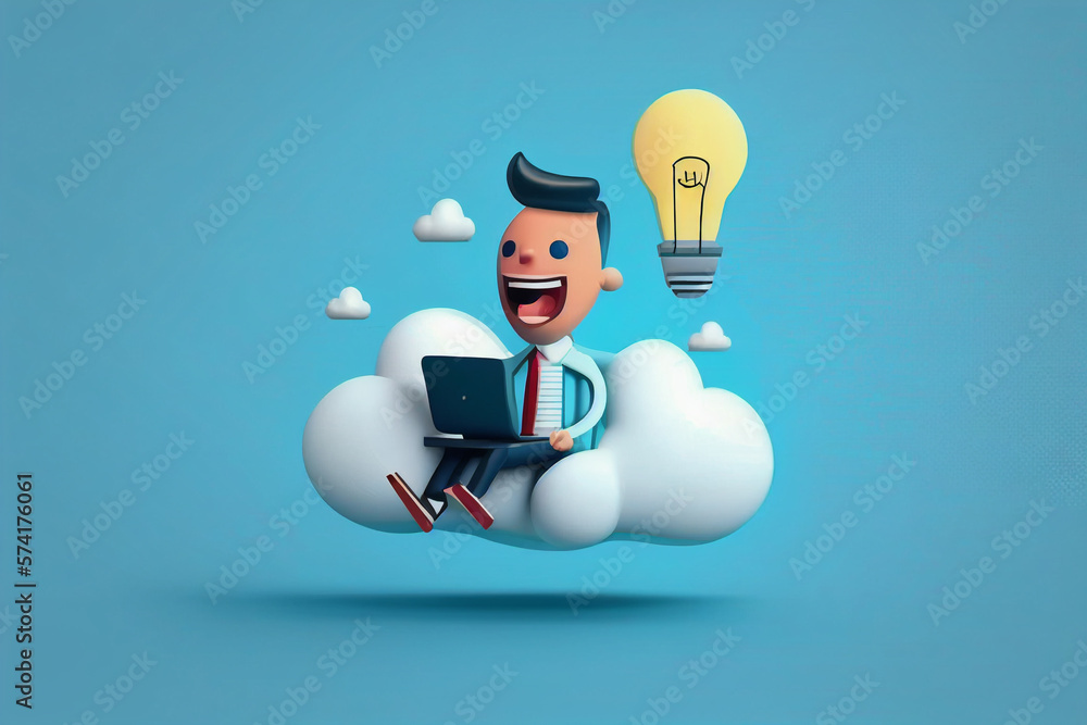 3D cartoon character cute smiling businessman sit on cloud armchair ...