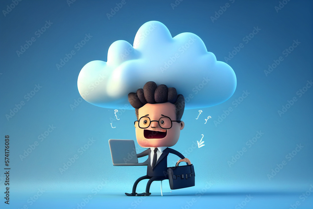 3d cartoon character cute smiling businessman holding laptop computer ...