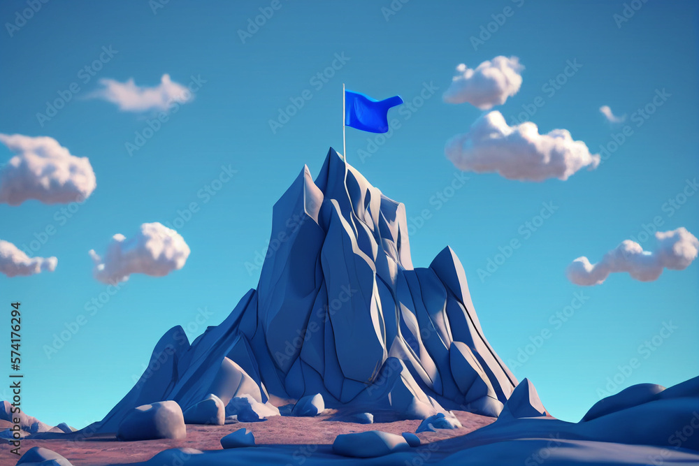 3D cartoon flag on mountain top over sky, Business success, leadership ...
