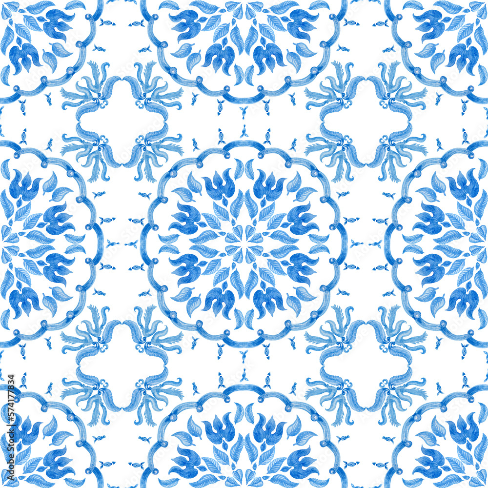 Watercolor painted tile, indigo blue hand drawn Baroque and floral ...