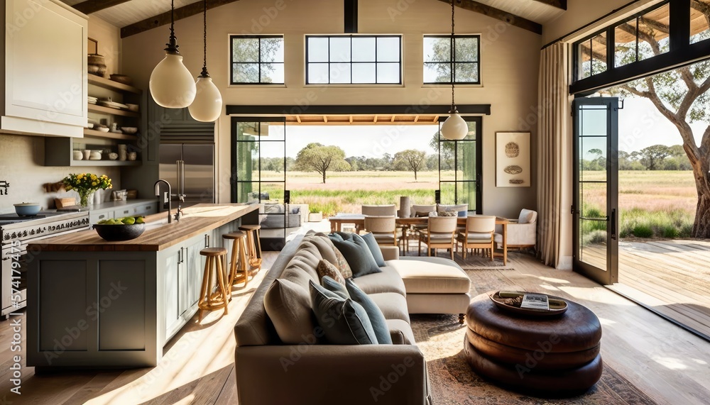 Open plan living room with white kitchen and a cozy patio with a white ...