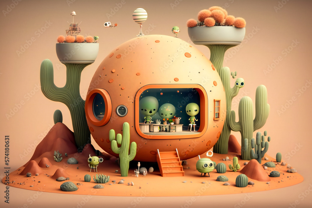 Cute tiny aliens and alien house. Created with Generative AI technology ...