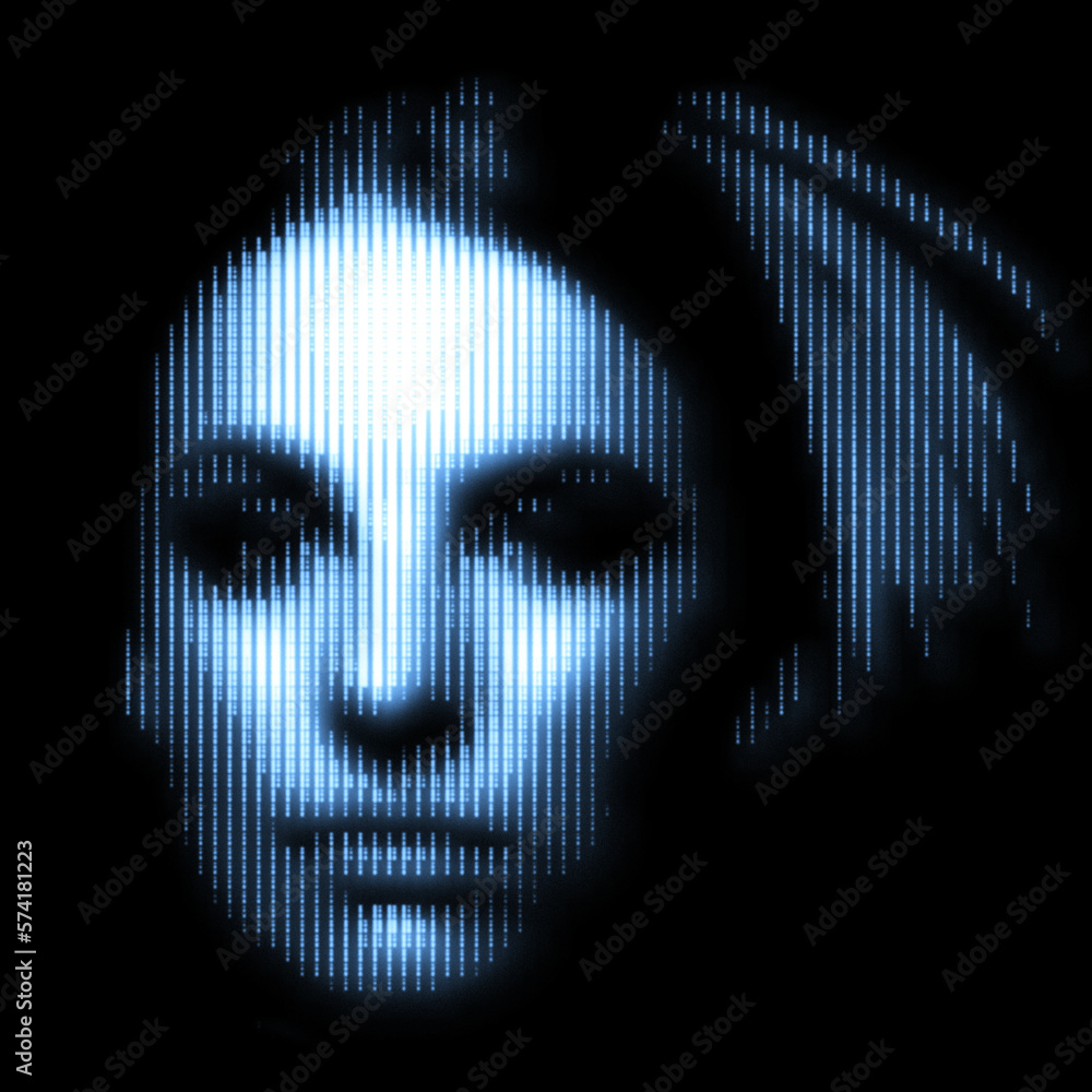 Woman portrait illustration in halftone black and white television ...