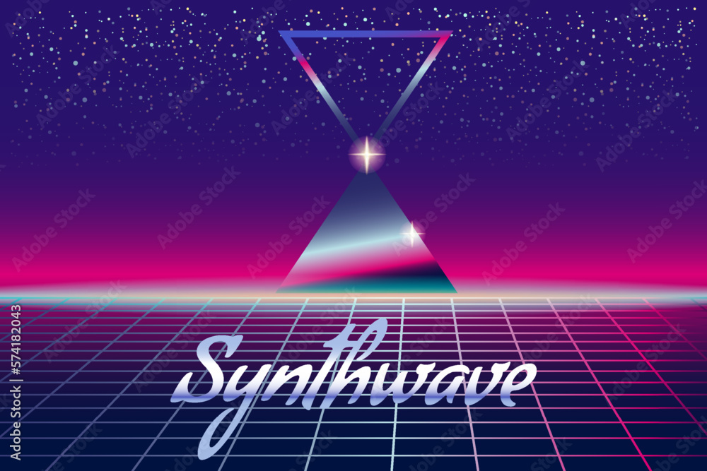 Synthwave retro banner vaporwave aesthetic background. Pyramids grid 3d ...