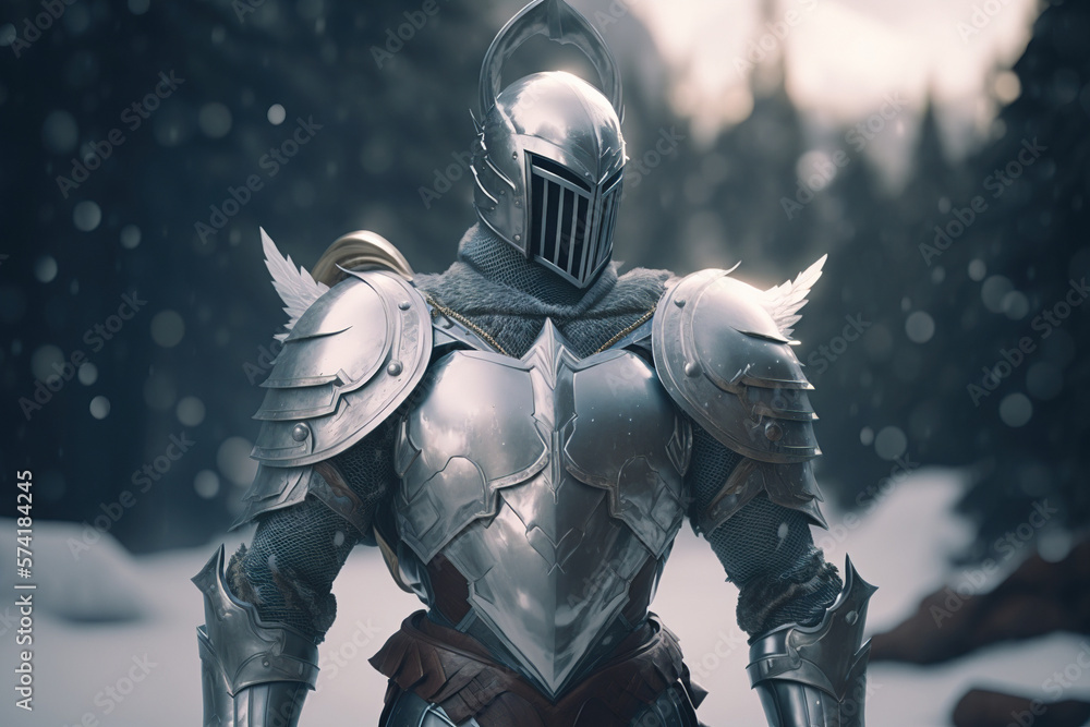 Medieval knight in shining armor on a winter background. Realistic ...