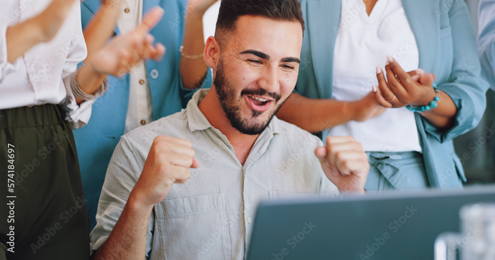 Clapping, laptop and winning people in office success, congratulations ...