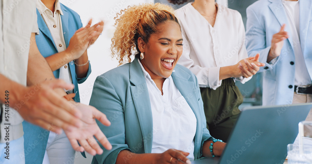 Applause, laptop and winning woman in office success, congratulations ...