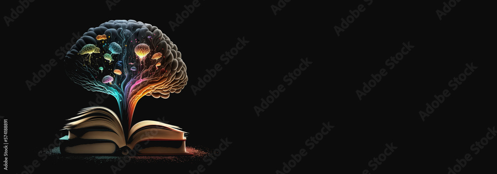 Banner Open book with fantastic levitation glowing brain and colorful ...