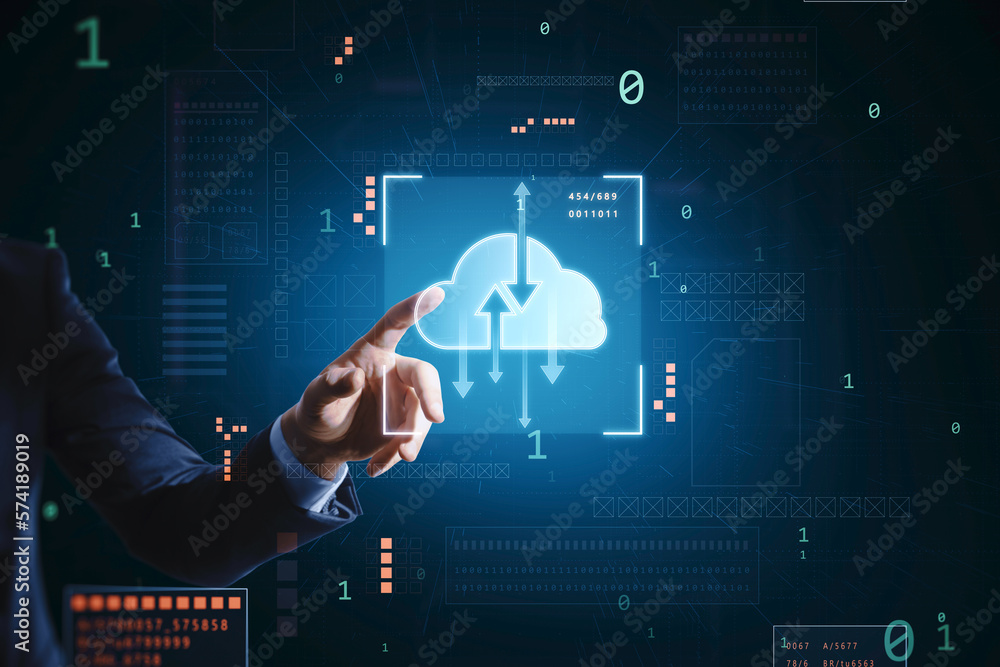 Data exchange and cloud service concept with businessman finger on ...