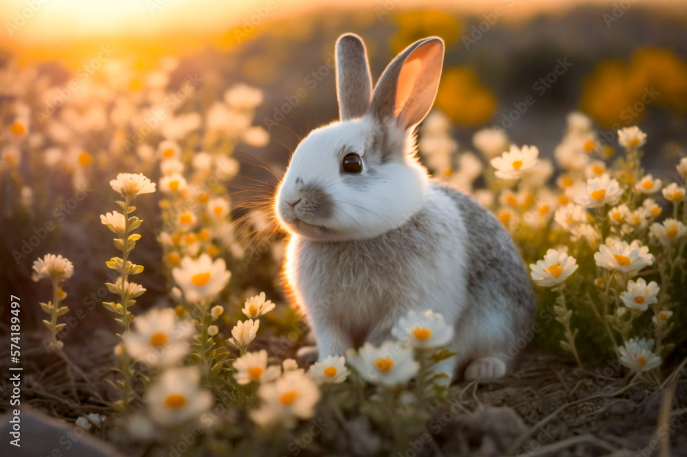 Cute rabbit among wild flowers in a sunny morning with sun behind ...