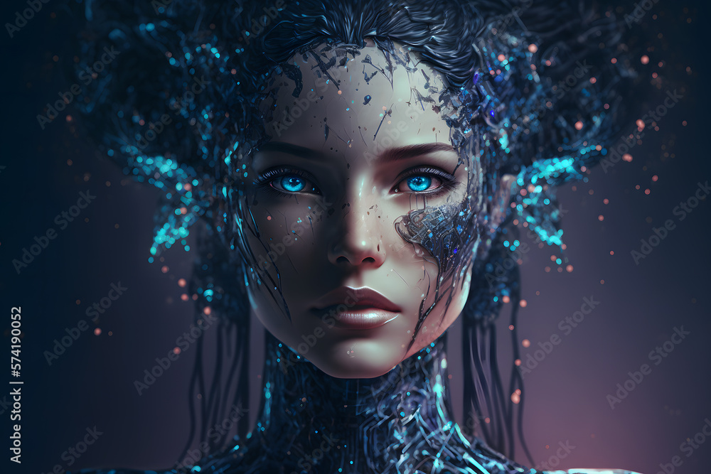 Modern futuristic female humanoid robot portrait with technology ...