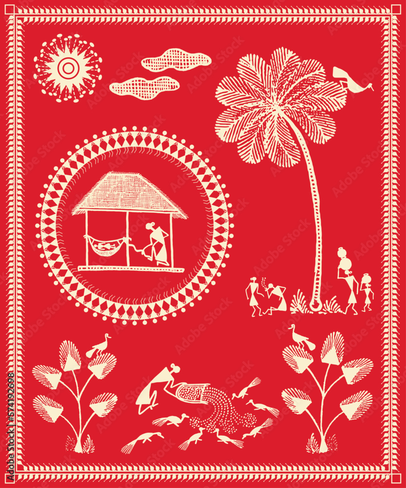 Indian rural life in art painting. Rural area with beautiful nature in ...