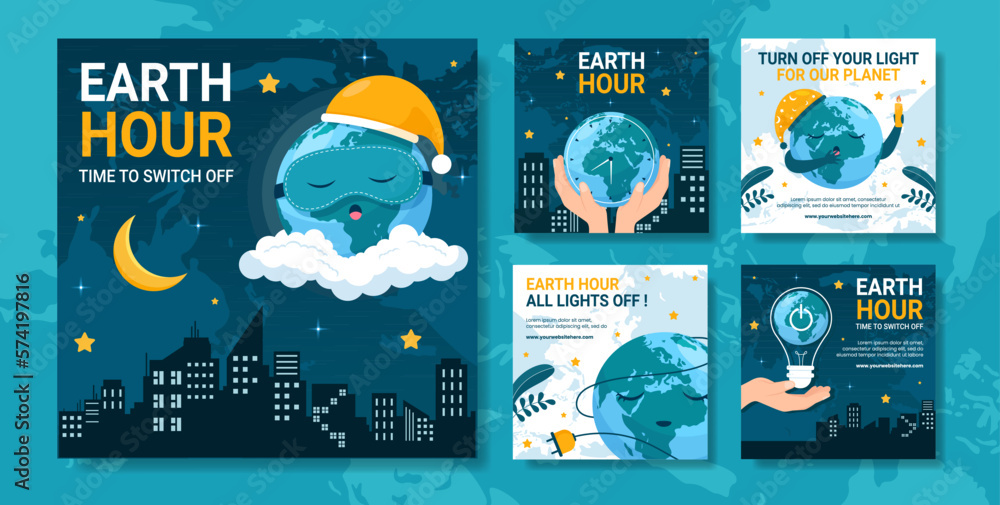 Happy Earth Hour Day Social Media Post Flat Cartoon Hand Drawn ...