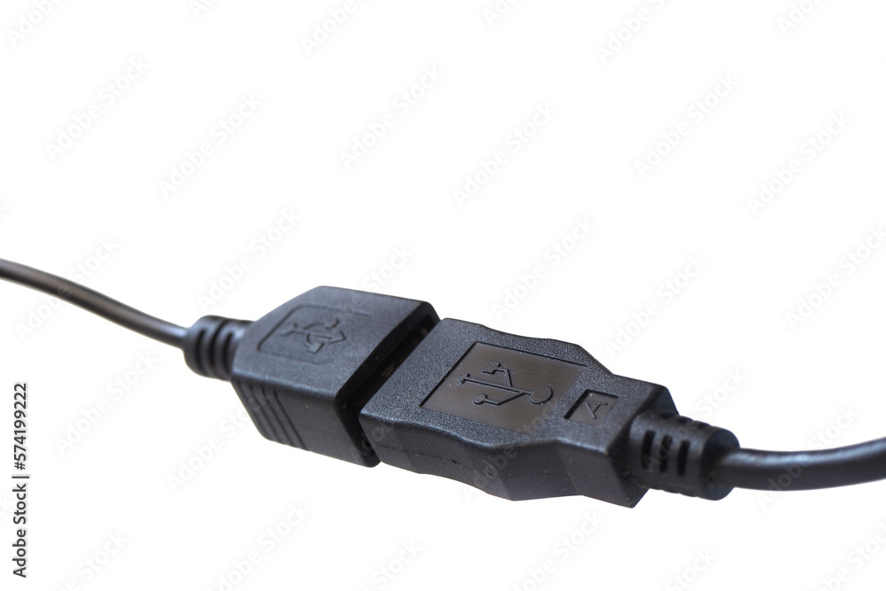 Usb cable isolated on white background. Joining of two black wired USB ...
