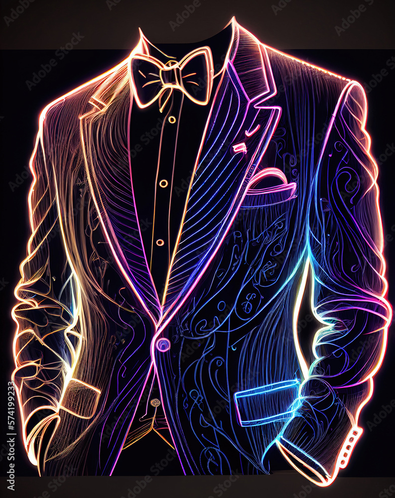 Formal tuxedo in neon contour lines advertisement and shop logo design ...