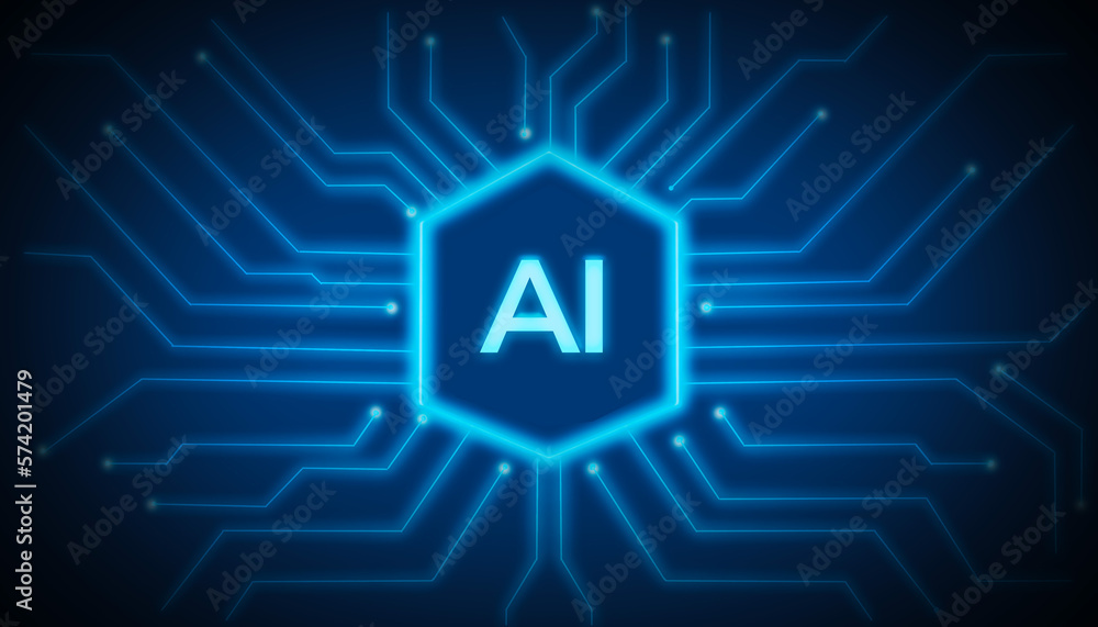 AI overlay blue background. AI text with connections and wires around ... AI overlay blue background. AI text with connections and wires around ...
